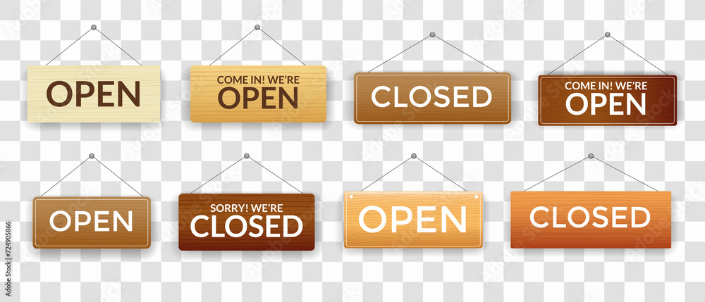Open and closed signboards icon set. Announcement banner, information ...