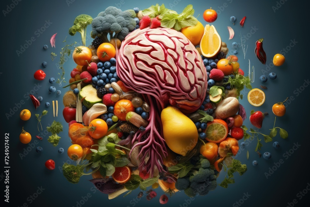 Brain Surrounded by Fruits and Vegetables, The human brain is depicted ...