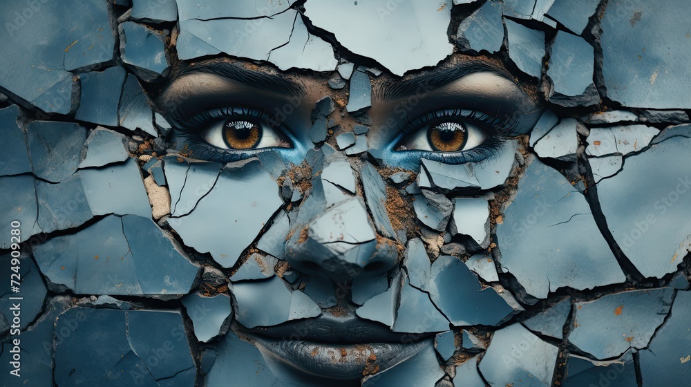 cracked blue face. Image of a human face styled in ruined art. The ...
