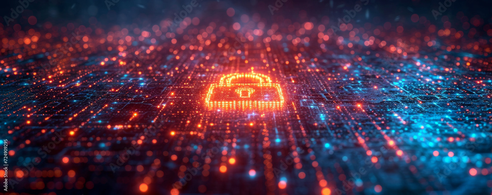 Cybersecurity Digital Lock on Network Background ,Abstract digital network with a glowing lock ...
