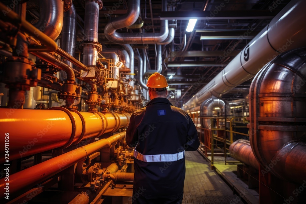Man in Hard Hat Standing in Front of Pipes, Worker supervisor in ...