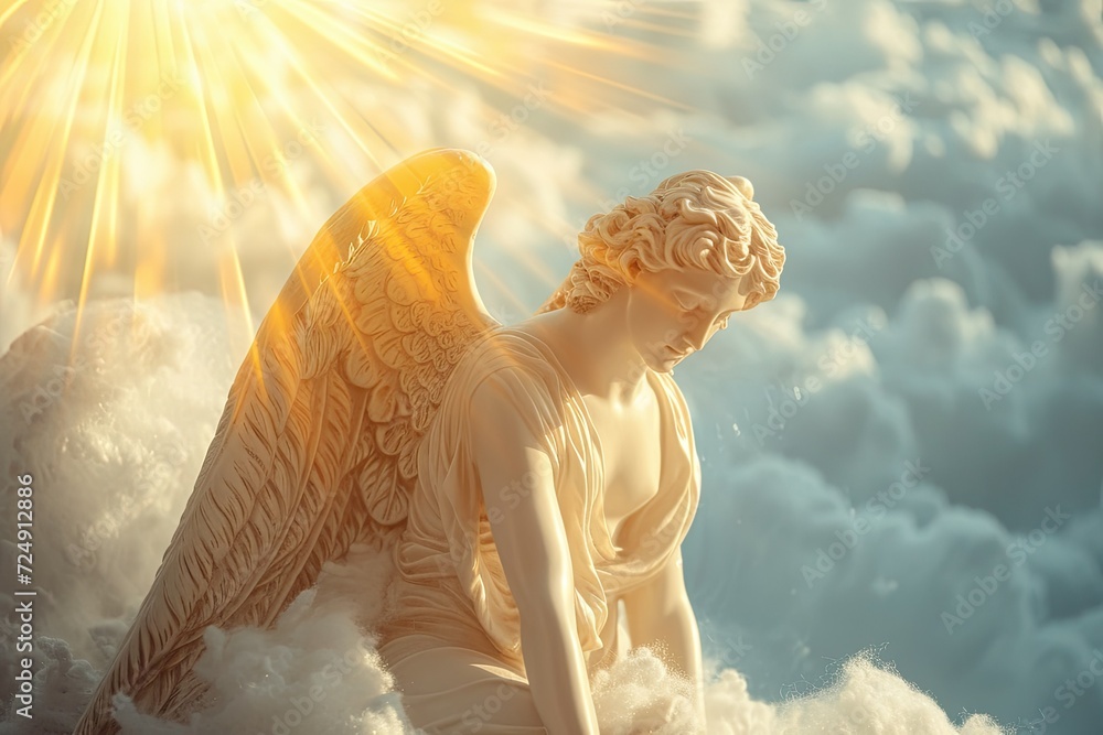 Beautiful white guardian angel in the sky among the clouds in the rays ...