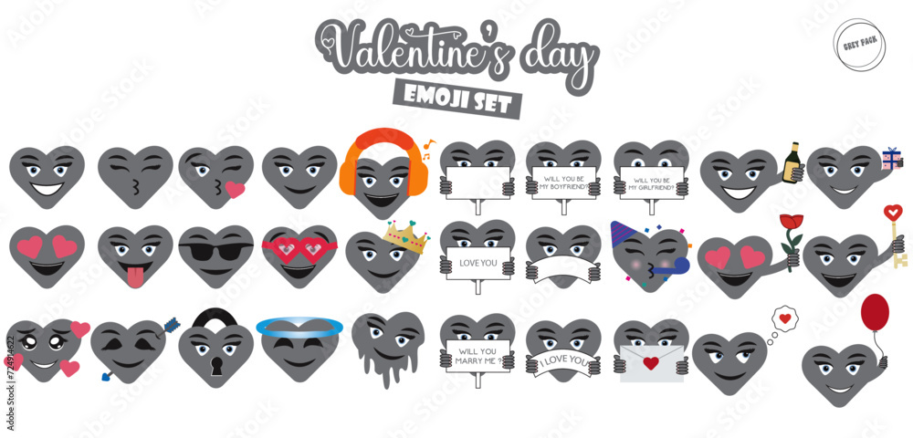 grey heart emoji. Emoji set love; big set of emoji heart; valentine's ...