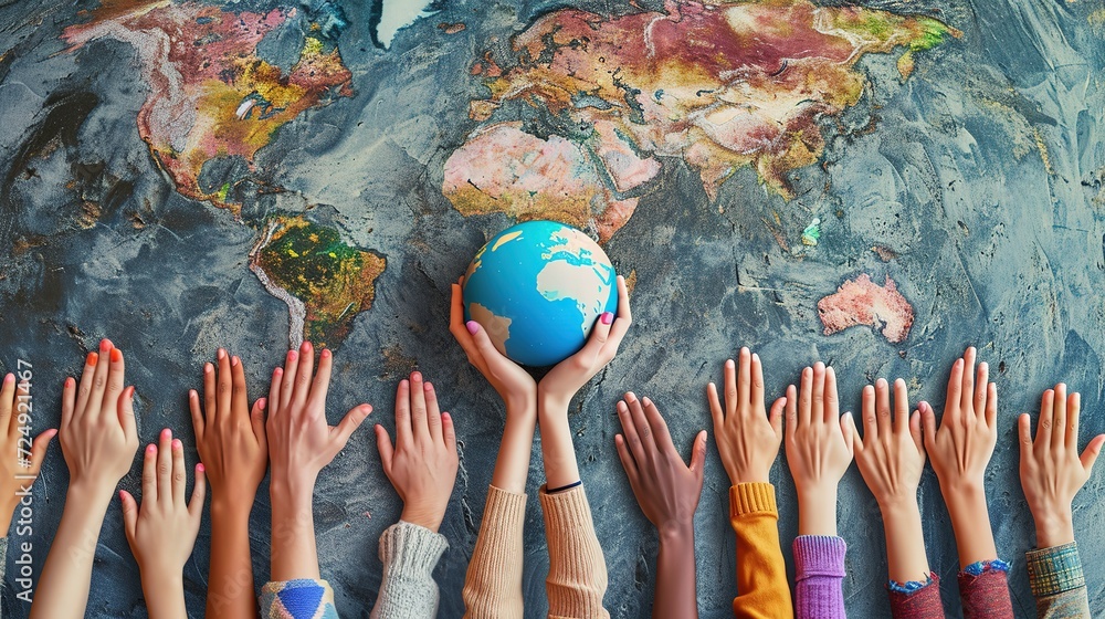 An array of multicultural hands reaching towards a small globe centered ...