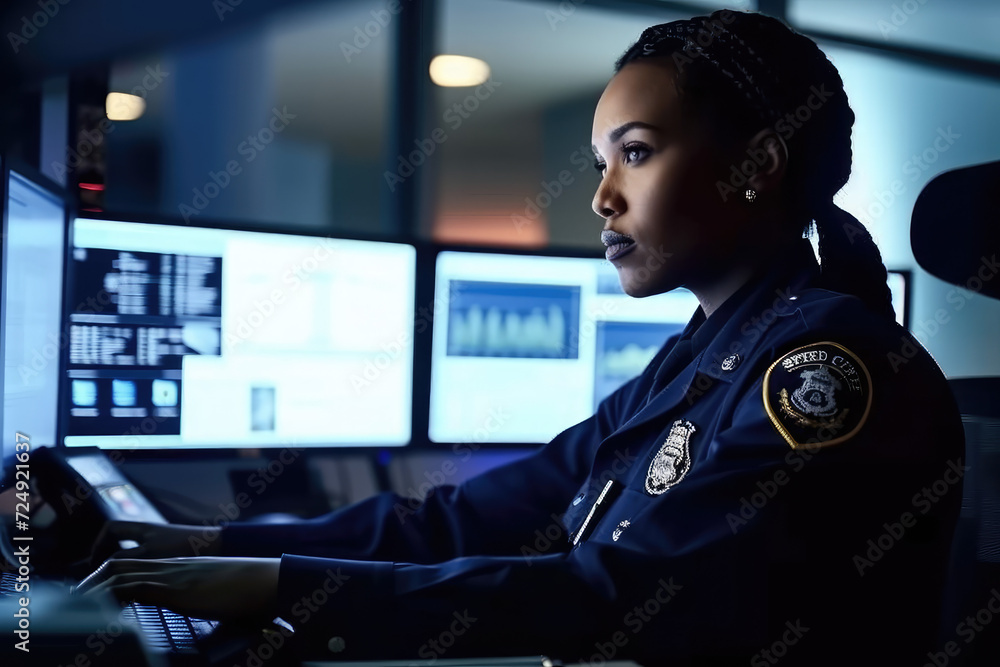 A black female police officer in uniform working diligently at a police ...