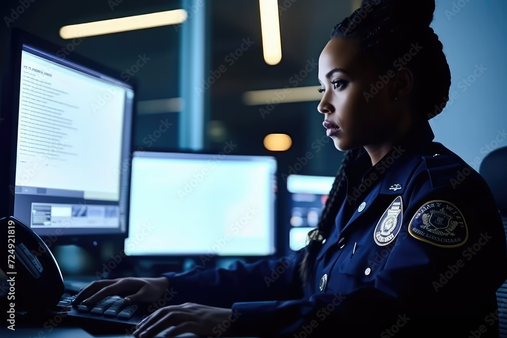 A black female police officer in uniform working diligently at a police ...