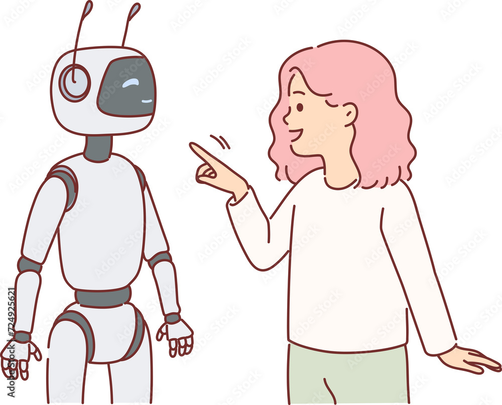 Robot nanny near little girl playing with cyborg and considering bot ...
