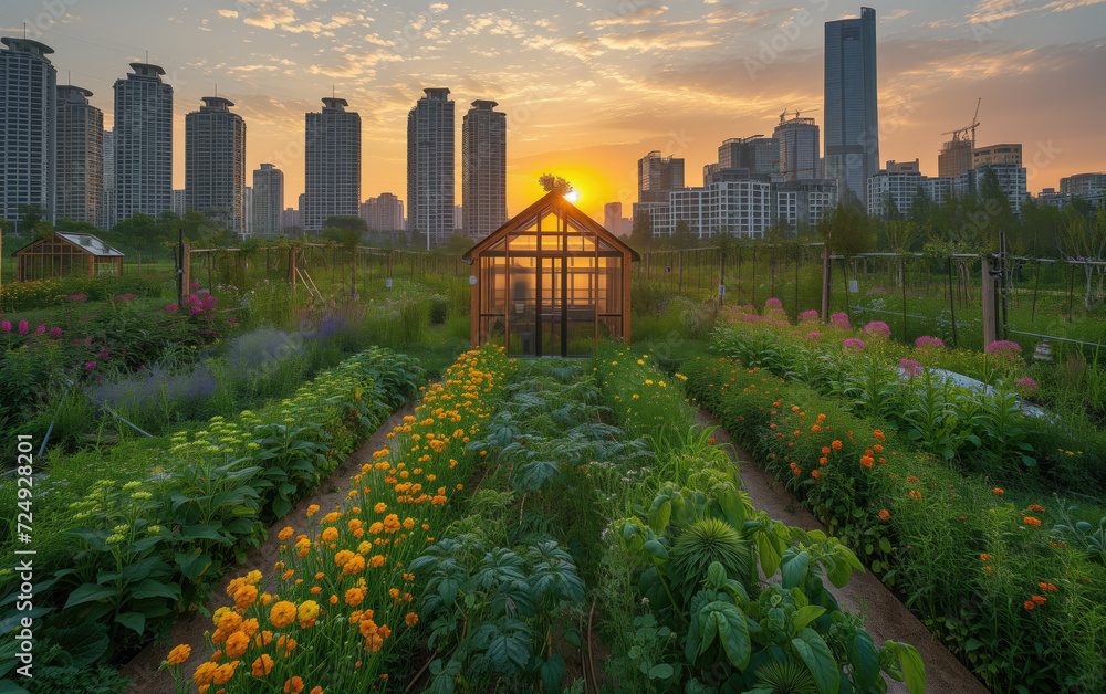 On a city rooftop, a sustainable urban farm is in full bloom. The ...