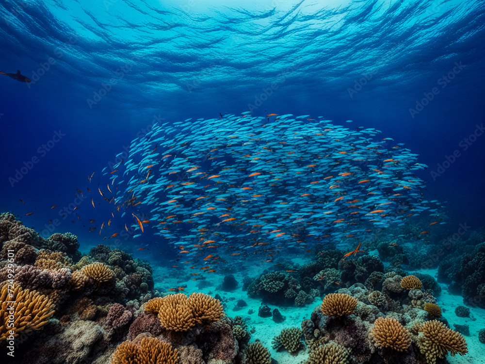 School red fish swimming in blue ocean water tropical under water ...