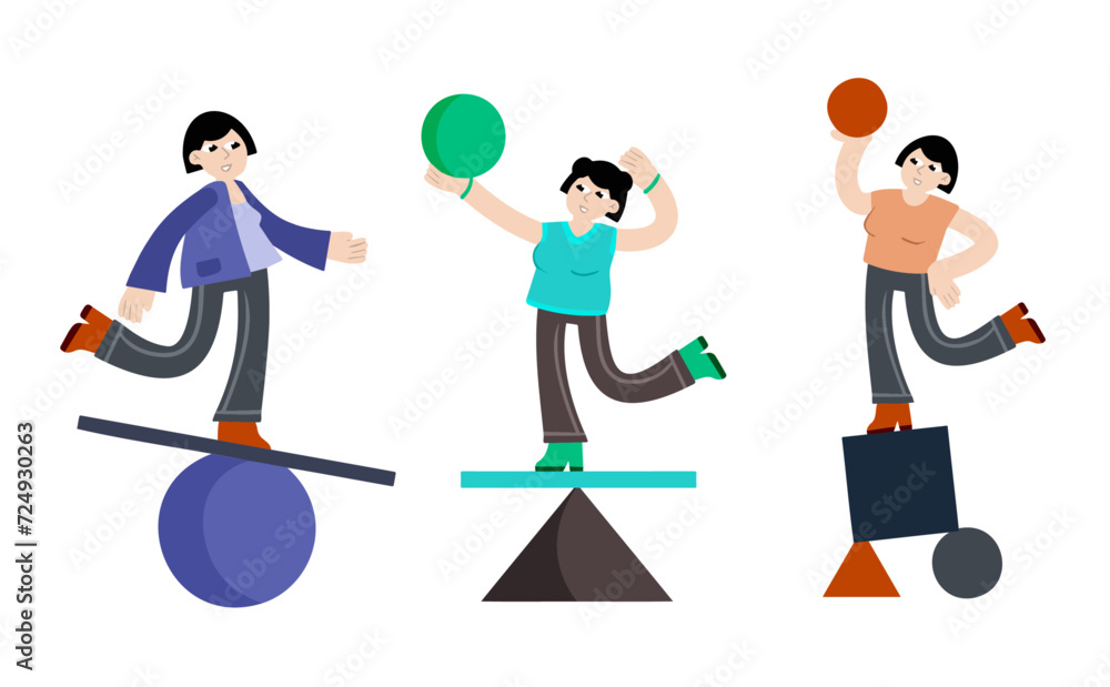 Woman balancing on geometric figure. Concept of problem solving and ...