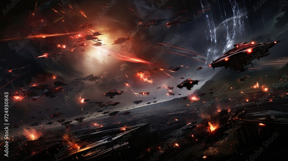 A space battle, with massive starships firing lasers and missiles at ...
