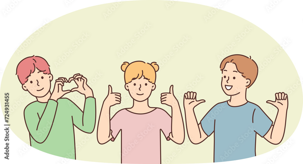 Smiling children showing different hand gestures. Happy kids ...
