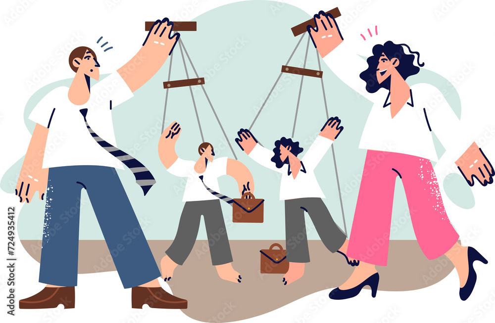 Business people manipulate employees by controlling puppets and pulling ...