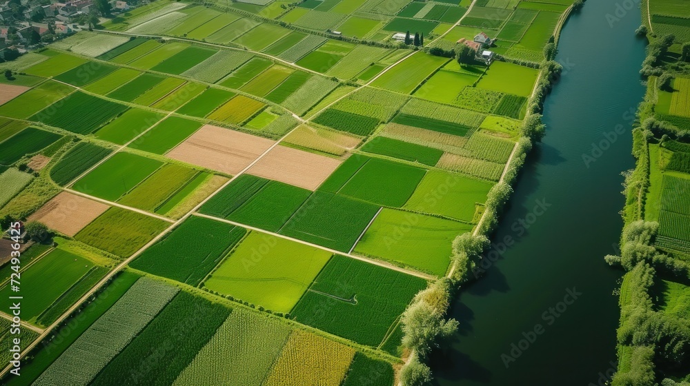 Aerial satellite view of cultivated agricultural farming land fields or ...