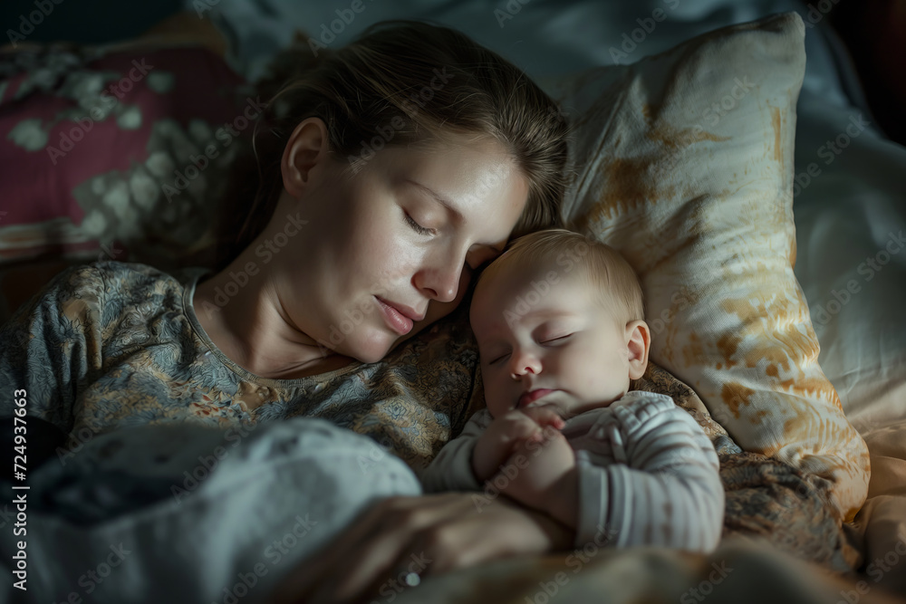 Young mother co-sleeping in bed with her newborn baby. New mom ...