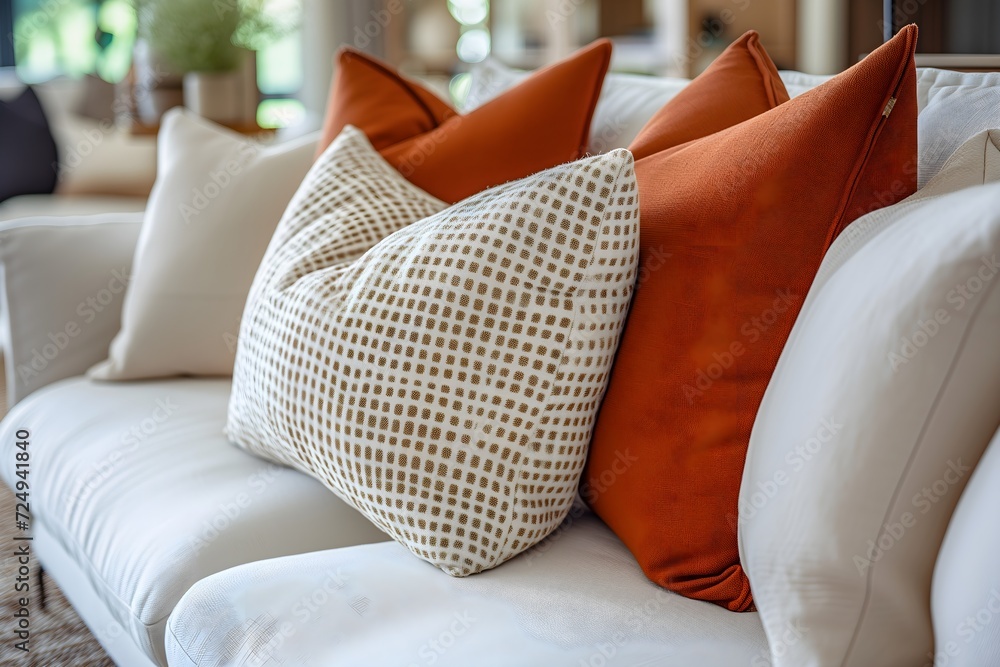 Chic relaxation: Fabric sofa featuring white and terra cotta pillows ...