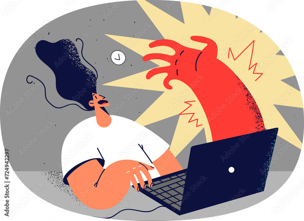 Scared woman look at huge hand appearing from laptop screen. Big hand ...
