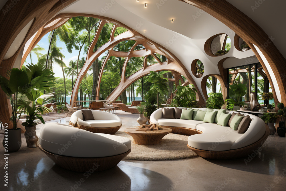 Beautiful modern Futuristic bionic forms architecture. Indoor space ...