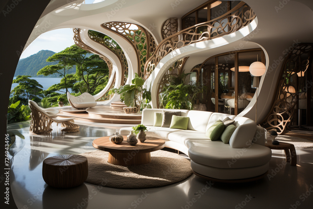 Beautiful modern Futuristic bionic forms architecture. Indoor space ...