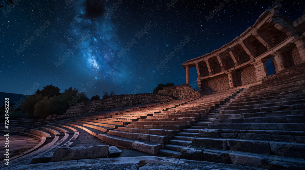 Ancient Greek theatrical performance in an old amphitheater under the ...