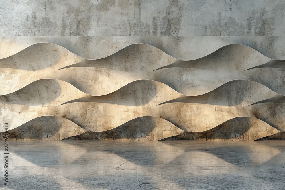 Wavy and rippled concrete wall panels with a shiny concrete floor ...