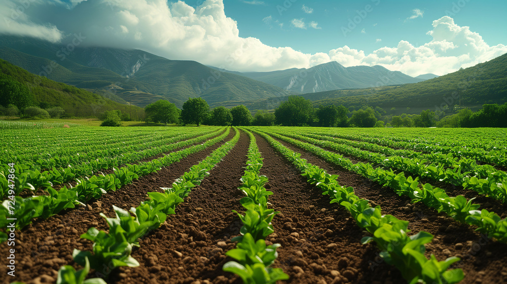 Lush crop rows in field with mountain backdrop under clear sky Stock ...