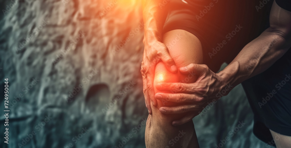 An athlete at a competition holds his knee with his hands from an ...