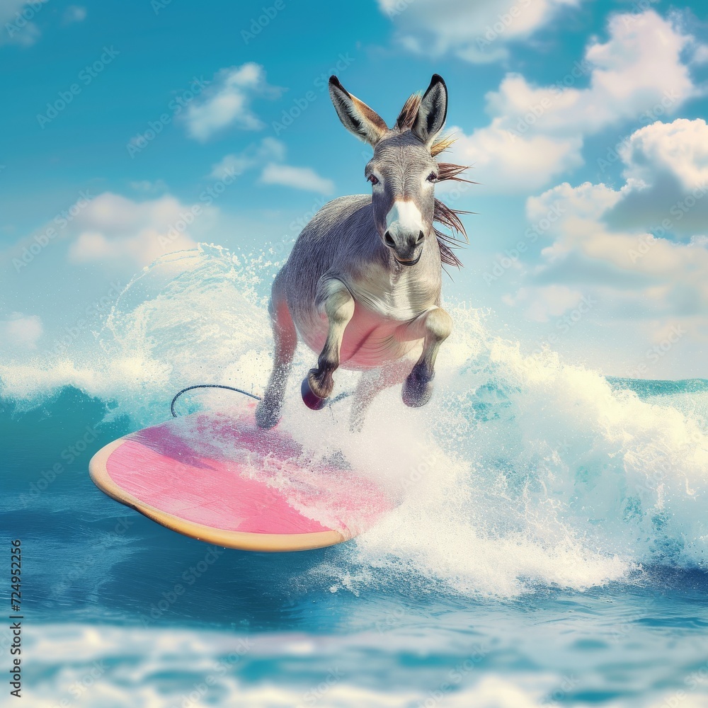 A lone donkey glides through the crystal blue waves on a vibrant ...