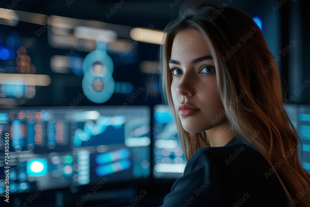 A female model working as a cybersecurity expert in a high-tech ...