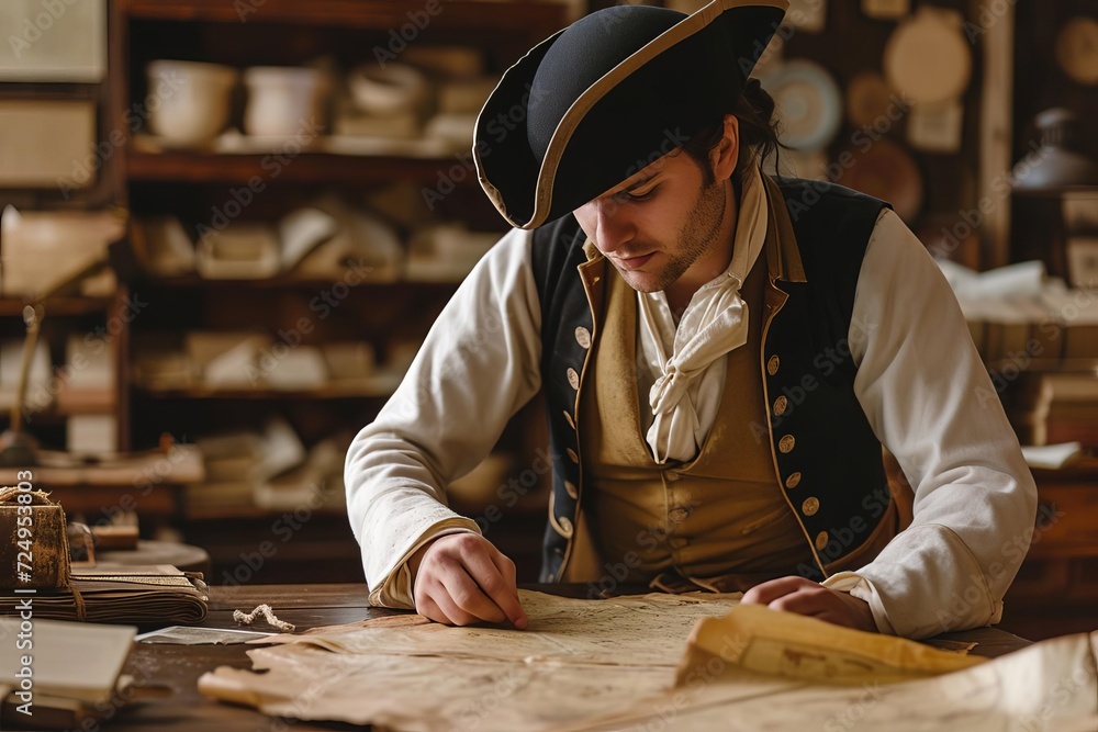 A male model acting as a museum curator arranging a historical exhibit ...
