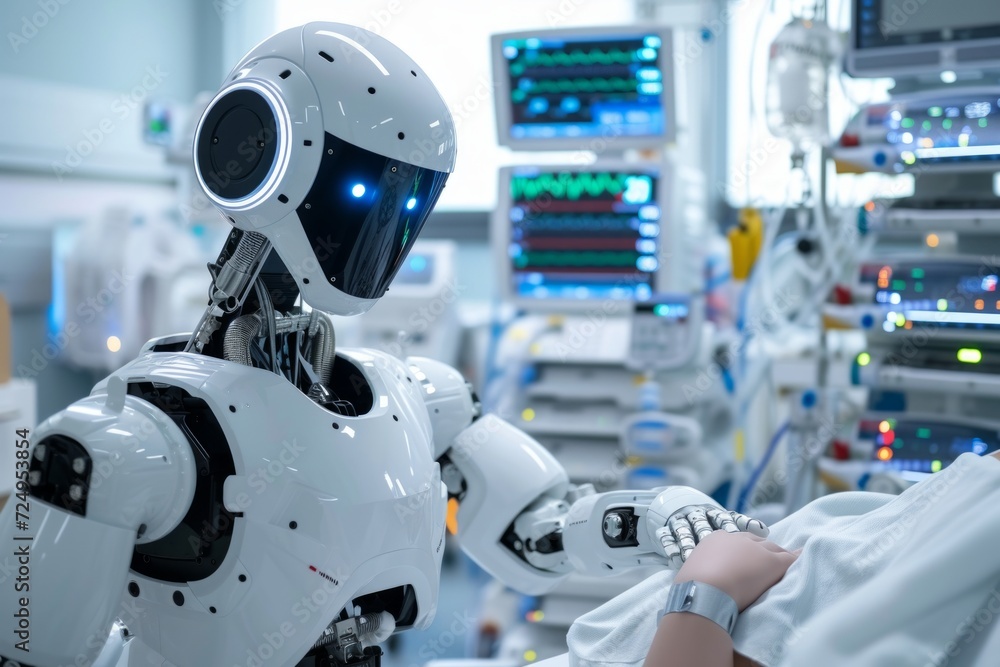Futuristic robot with a compassionate gaze attends to a patient ...