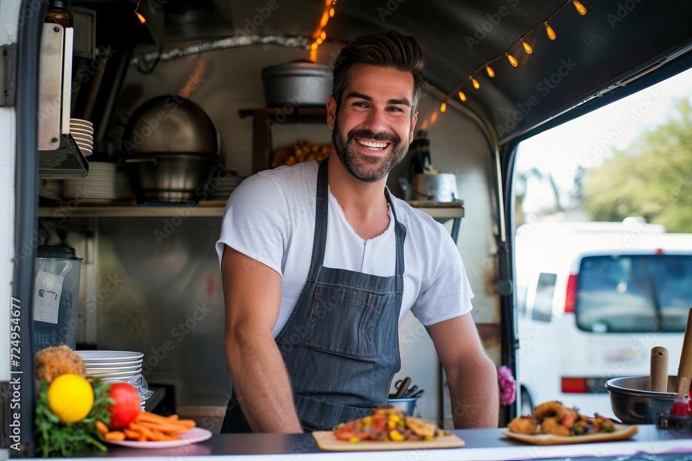 Male model as a chef in a food truck serving gourmet street food Stock ...