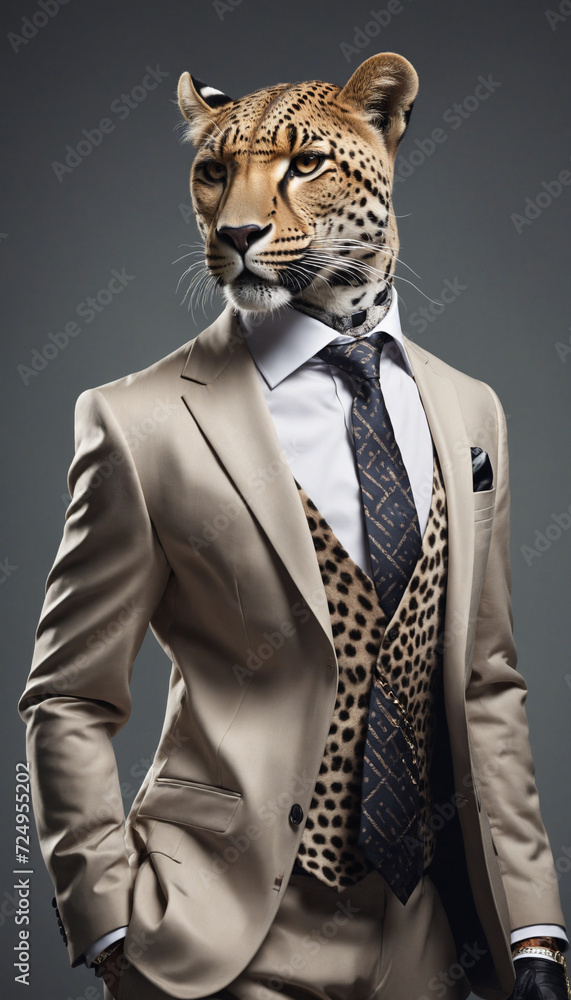 Leopard dressed in an elegant suit with a nice tie. Fashion portrait of ...