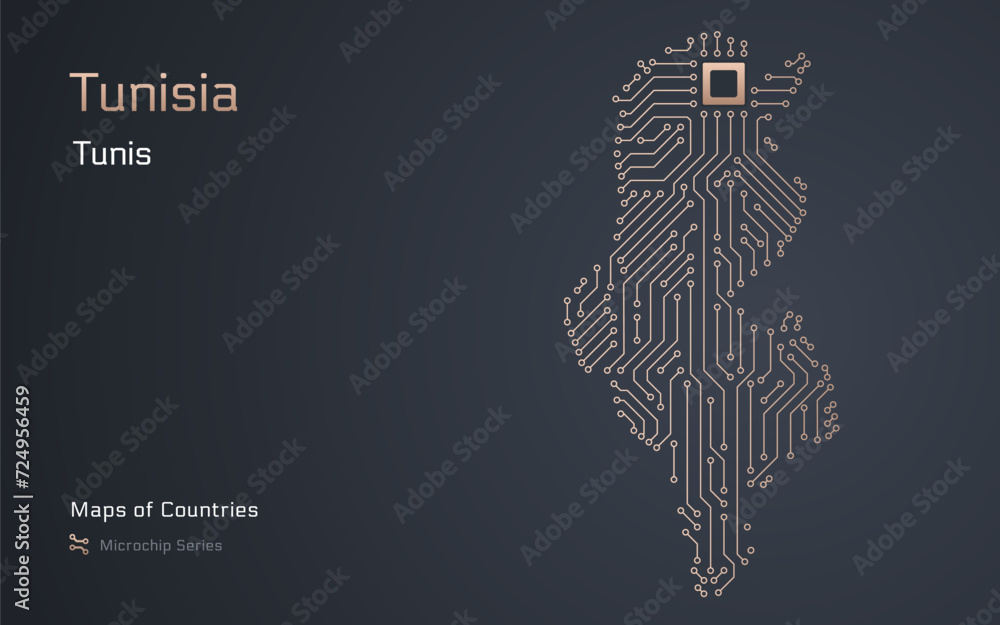 Tunisia Map with a capital of Tunis Shown in a Microchip Pattern with processor. E-government ...