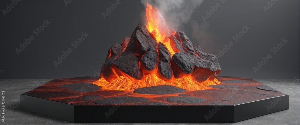 Fire lava podium rock volcano background product magma display 3d scene ...