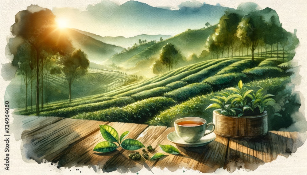 The image features a tea plantation with a cup of tea on a table. Stock ...