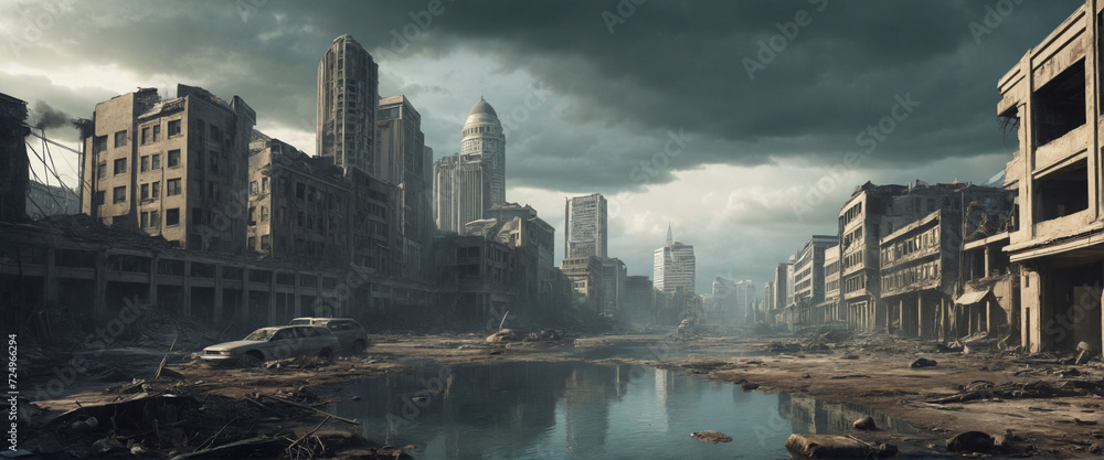 Desolate urban landscape after apocalypse. Ruined structures ...