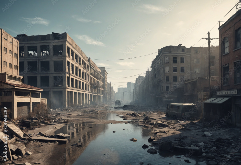 Desolate urban landscape after apocalypse. Ruined structures ...