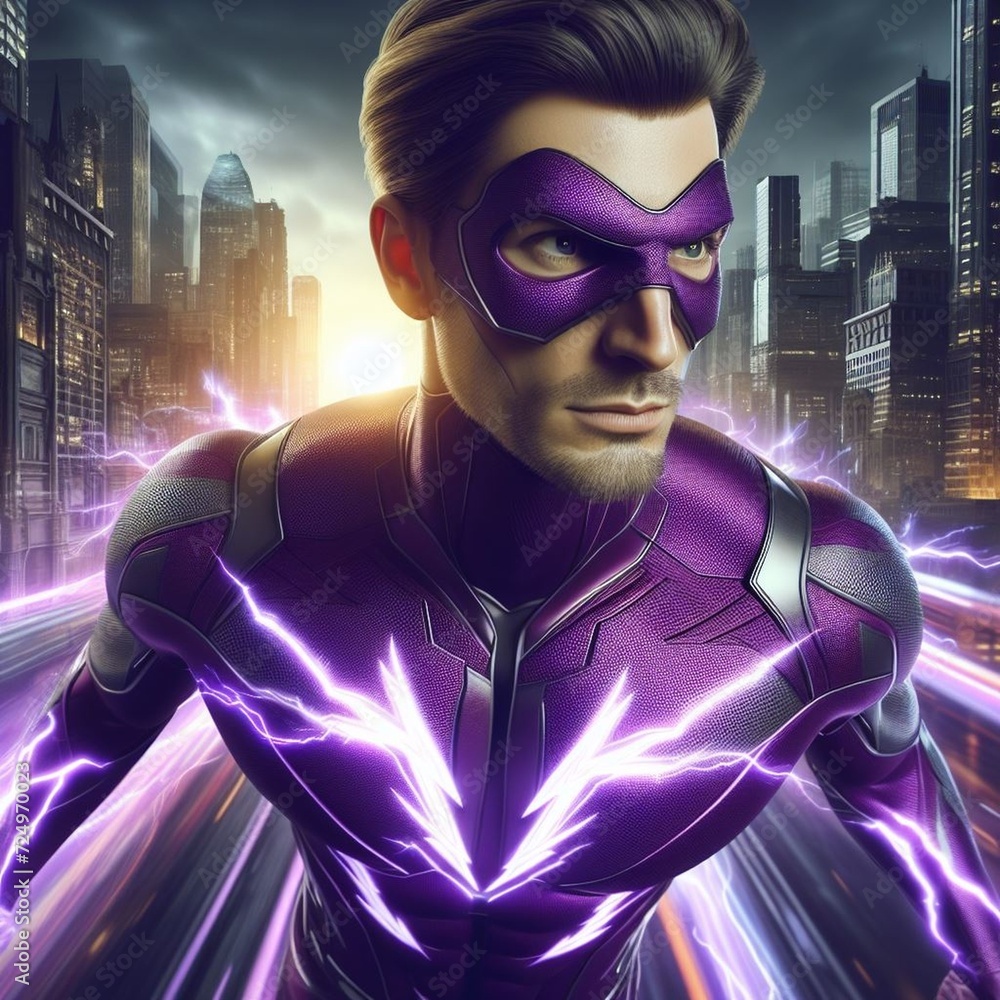 Realistic superhero speedster in the purple costume in action Stock ...