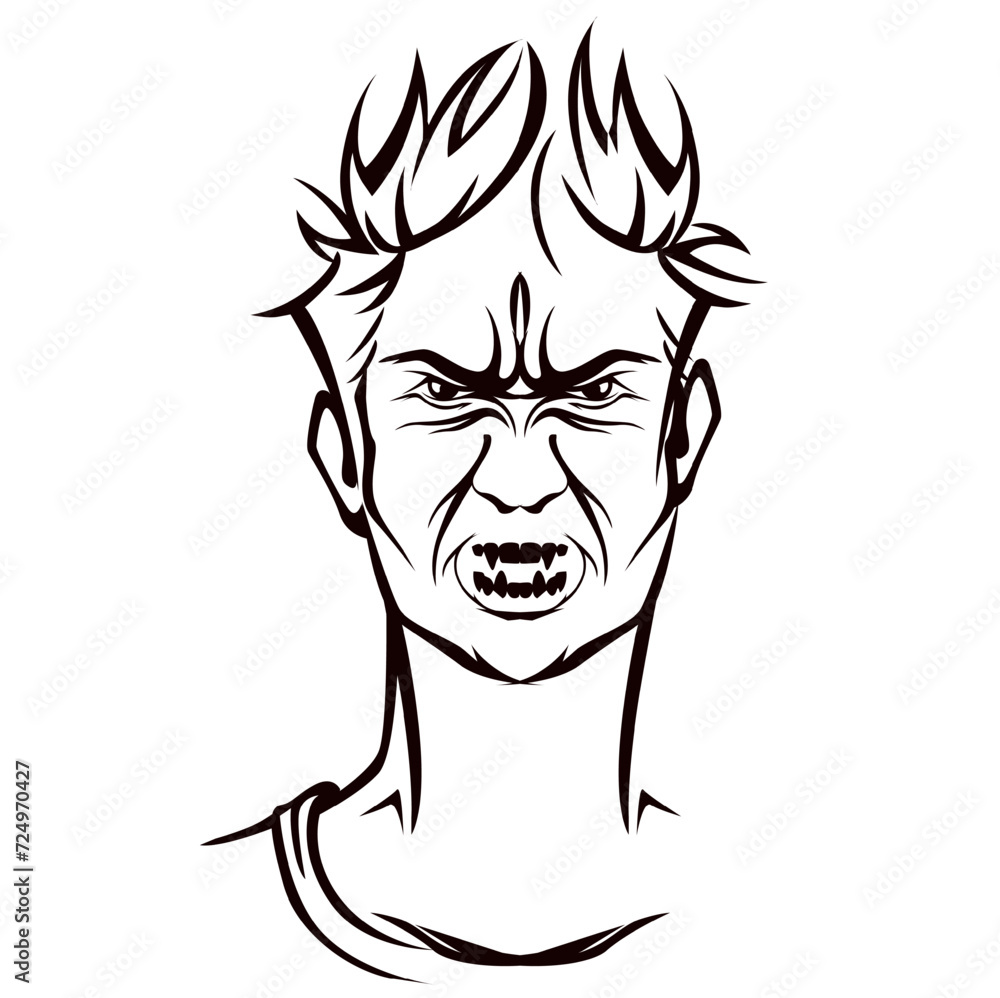 Angry character with madness demonic face. Portrait of red male demon ...