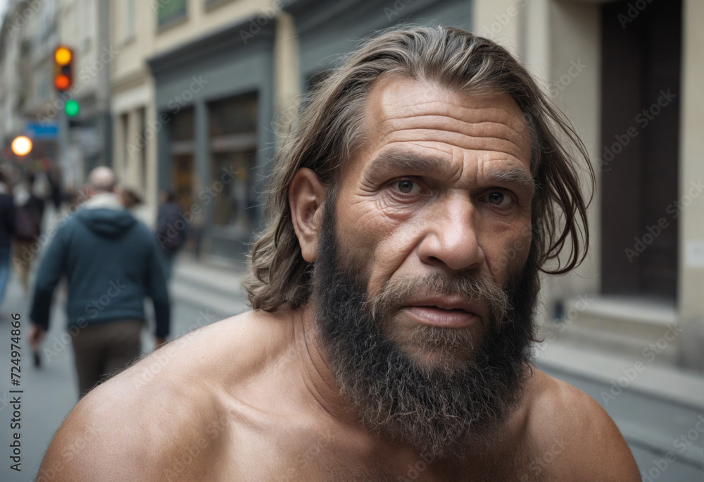 Portrait of prehistoric neanderthal man at city street in present time ...