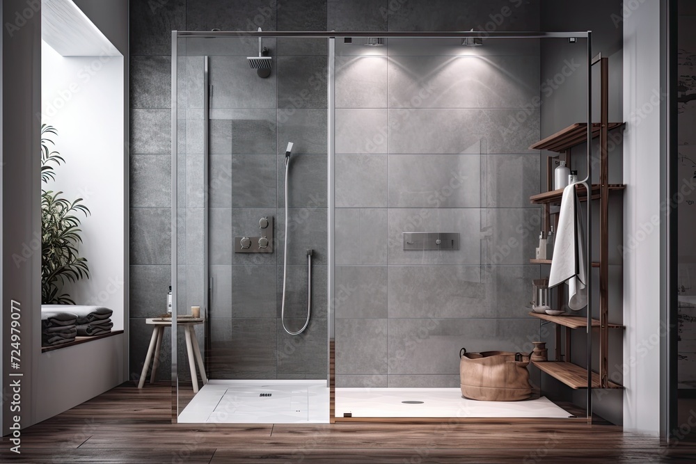 Interior with a grey shower room wall with glass doors and an empty ...