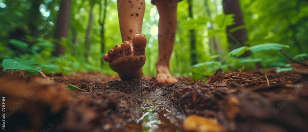 child's bare feet on moist soil, green trees in the background ...