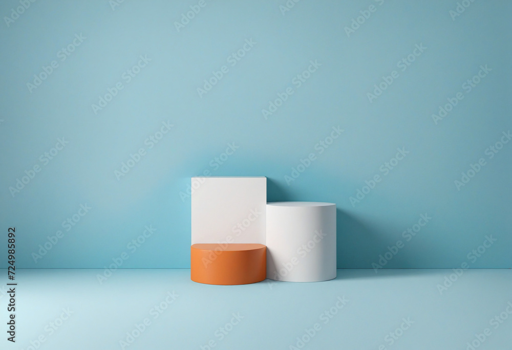 Minimalistic geometric product display podium on a light blue backdrop ...