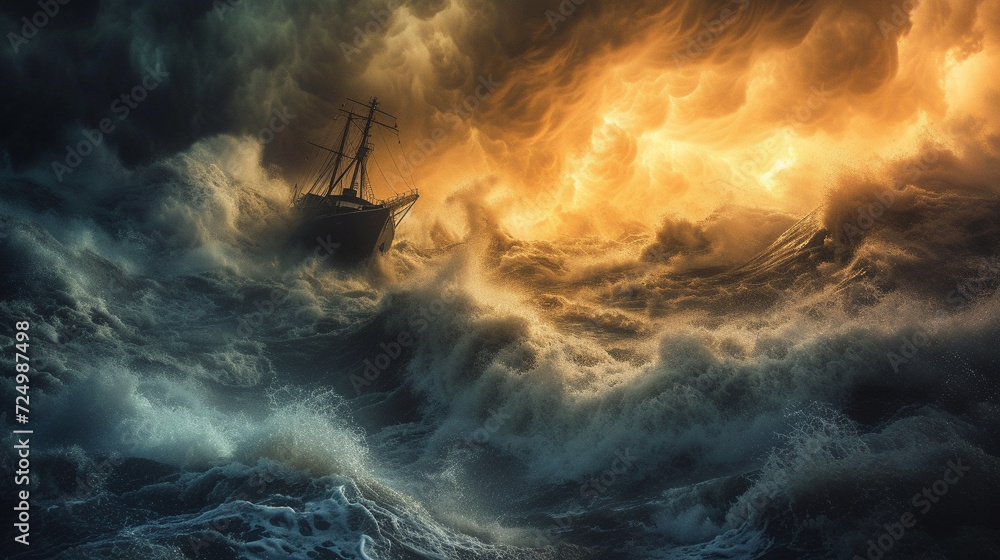 The tragic moment of a ship capsizing in a typhoon, with tumultuous ...