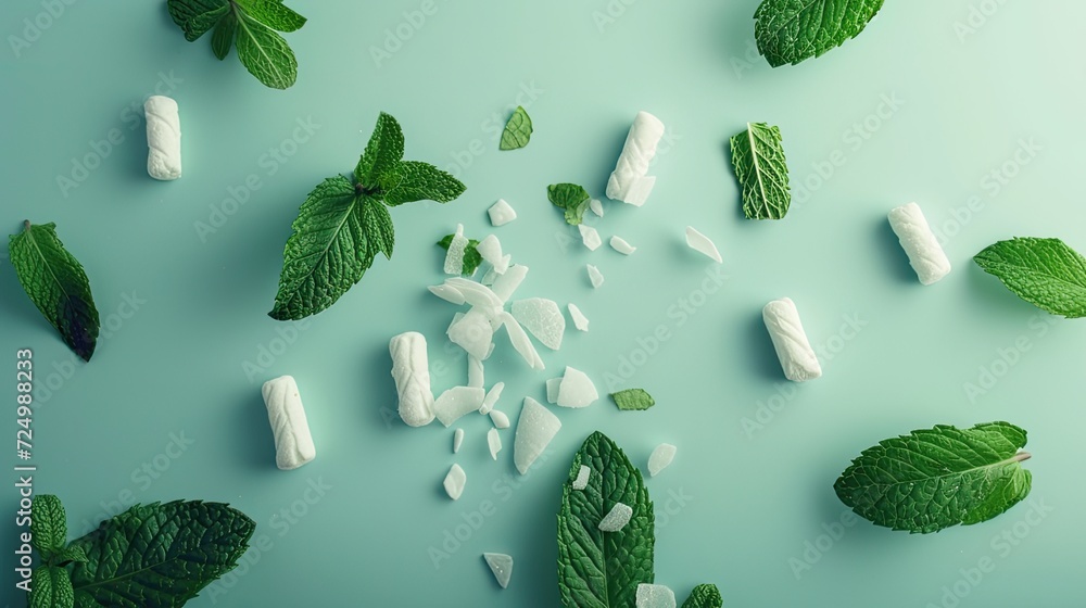 fresh mint leaves and chewing gum pads gracefully falling against a ...