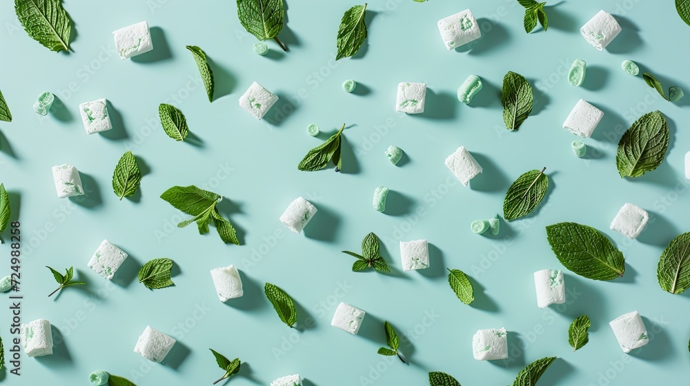 fresh mint leaves and chewing gum pads gracefully falling against a ...