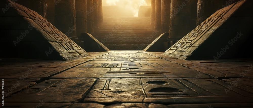 Egyptian tomb passage. Pharaoh grave decorated with hieroglyphs. Dark ...