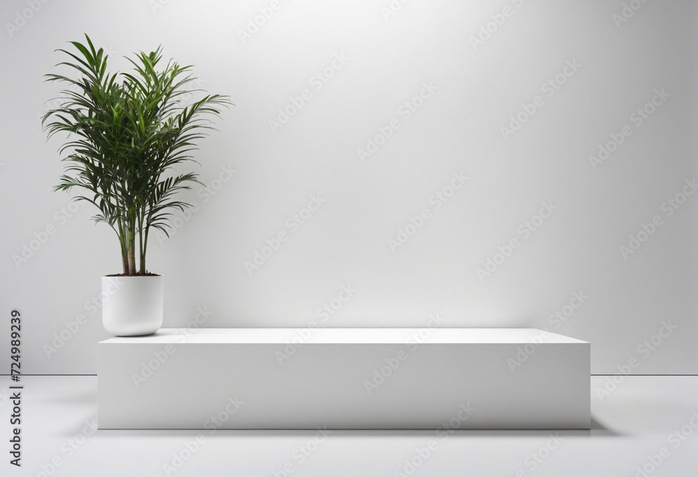 White platform with podium and plant by wall. Modern interior showcase ...