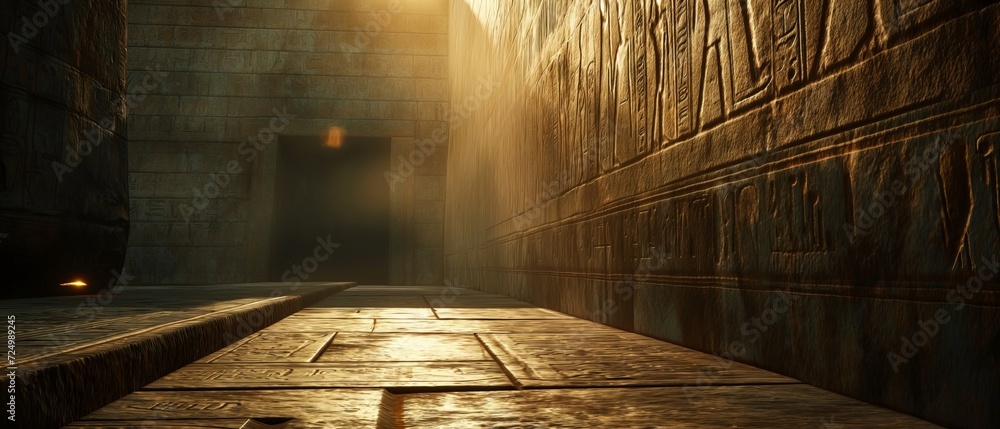 Egyptian tomb passage. Pharaoh grave decorated with hieroglyphs. Dark ...